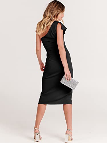 ANRABESS Women's One Shoulder Cocktail Evening Night Party Midi Dress Sleeveless Ruffle Wrap Ruched Bodycon Formal Wedding Guest Dresses for Graduation Prom 847heise-M Black