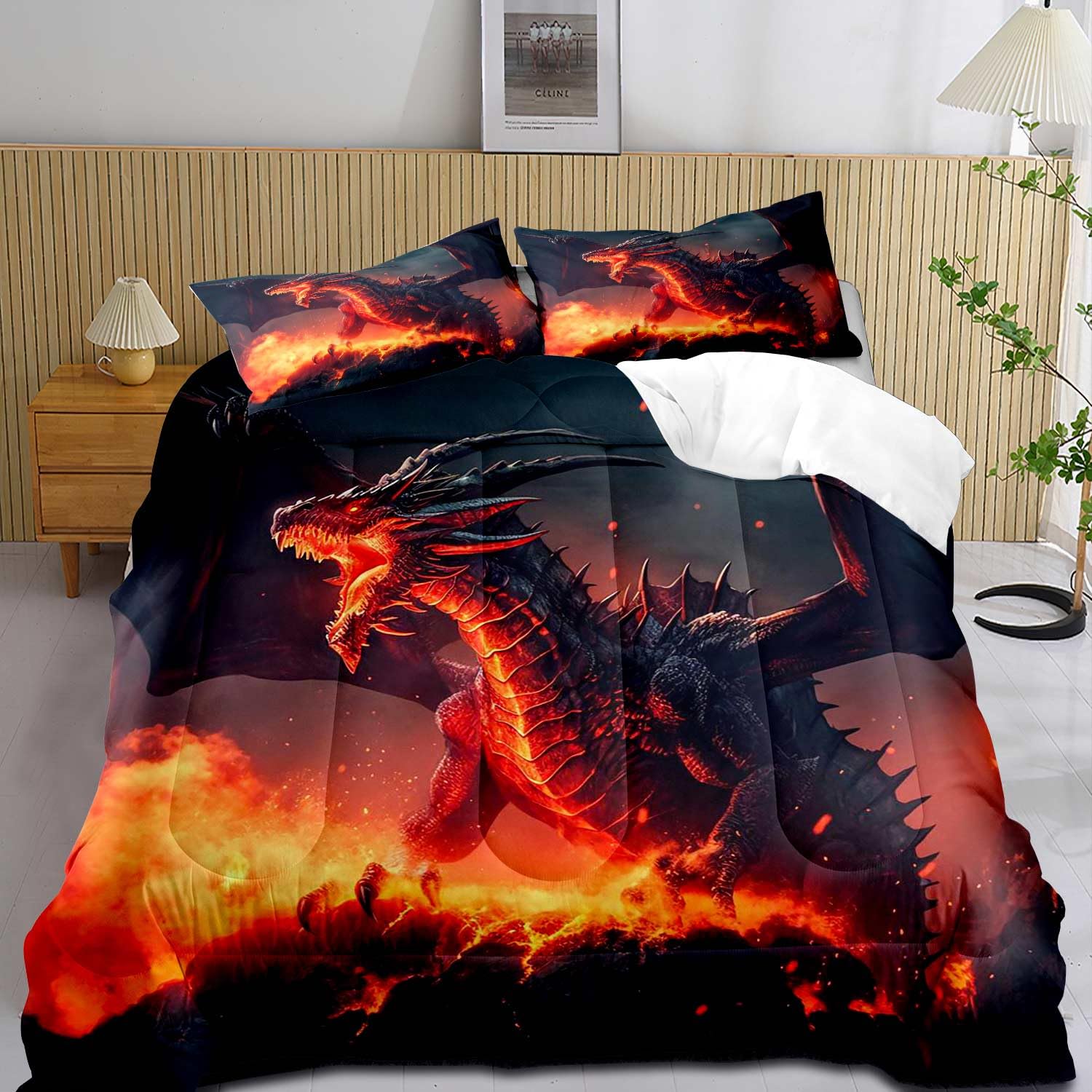 LUVIVIHOME 3PCS Fire Dragon Comforter Set Full Size, Kids Teens Boys Comforter, Black Red Dragon Bedding, Cool Fantasy Dragon Bedroom Decor, Dragon Gifts for Men, Soft Microfiber Quilt, 2 Pillow Shams
