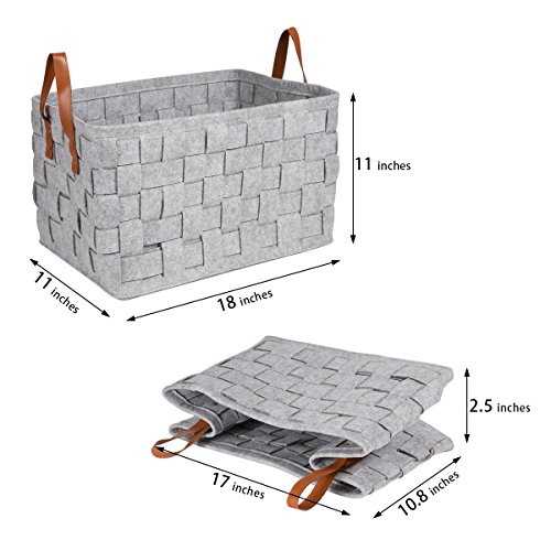 Felt Storage Baskets Organizer, Home Decoration Fabric Folding Knitted Organizers Box Cubes with Leather Handles (Rectangle-Lightgary)