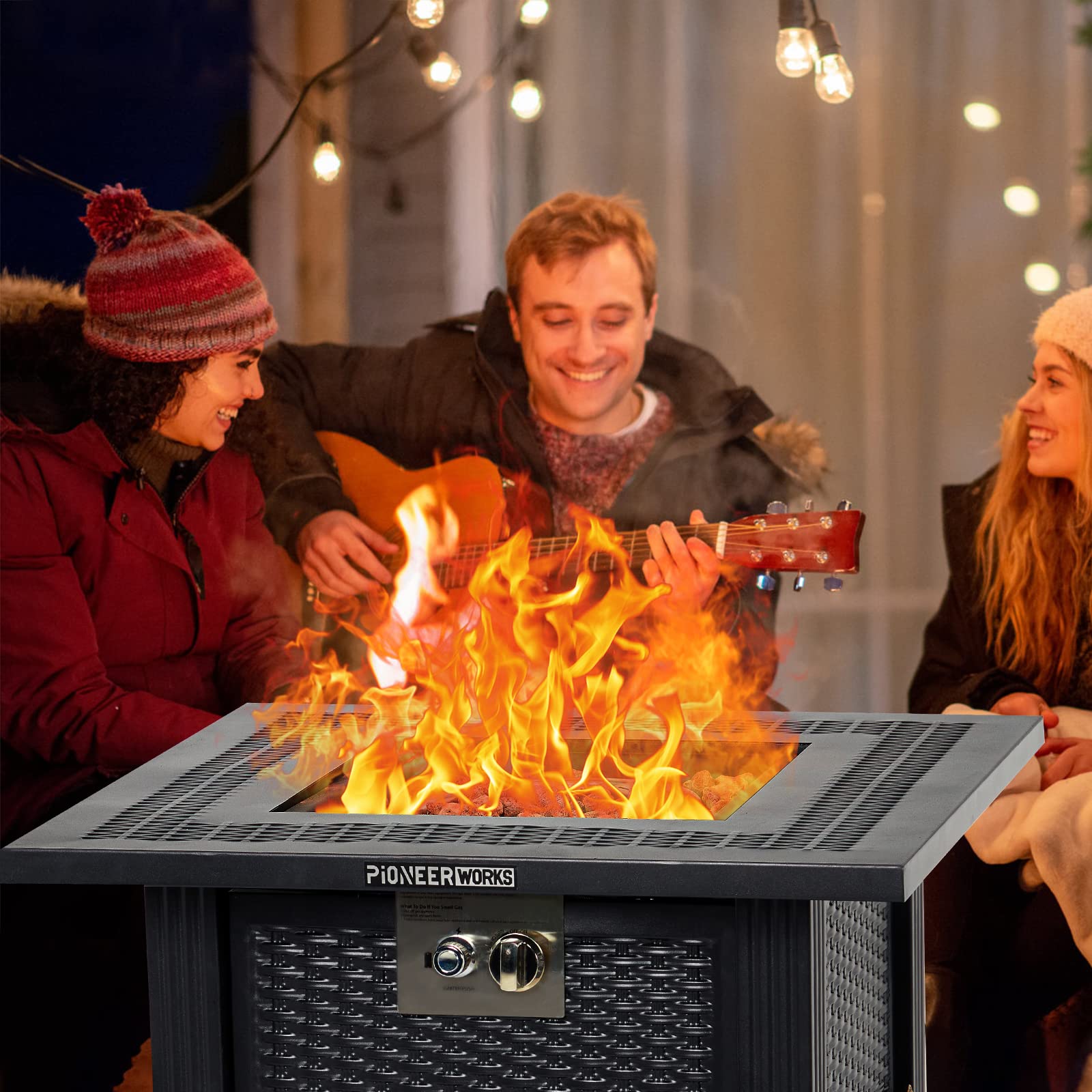 28 Inch Propane Fire Pit Table, PioneerWorks 50000BTU Rectangle Fire Table with Cover, Sturdy Steel and Iron Fence Surface, CSA Safety Certified, Companion for Your Garden Black