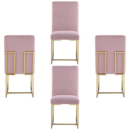 AZhome Dining Chairs, Pink Upholstered Velvet Dining Room Chairs with Mirror Gold Stainless Steel Legs, Set of 4