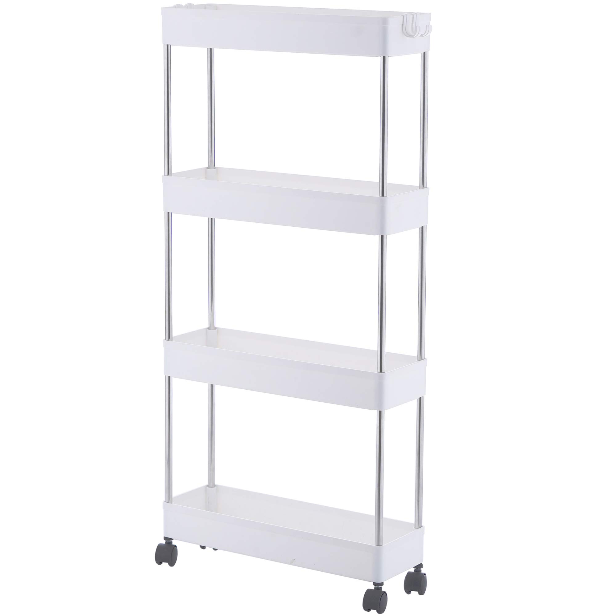 4 Tier Slim Storage Cart, Mobile Narrow Rolling Cart with Wheels, Conveniently Slide Out Organizer Shelf Cart for Kitchen Bathroom Pantry Laundry Narrow Space - Plastic (White)…
