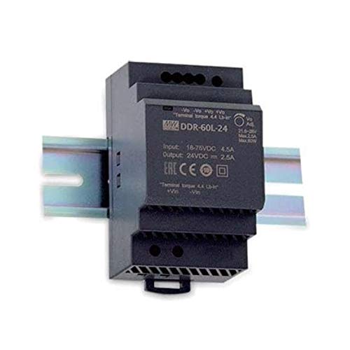 Mean Well DDR-60G-24 DIN Rail DC-DC Converter 24V 2.5A 60W, 9-36VDCin, Adj Output, Free air, Enclosed