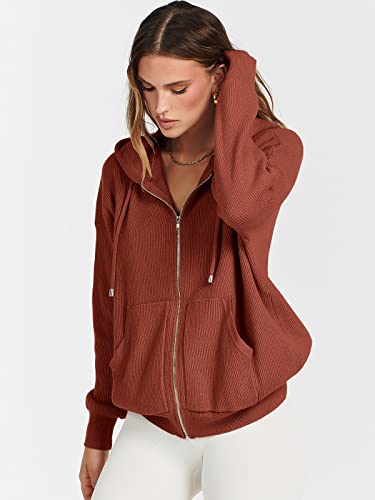 ANRABESS Women's Sweater Hoodies 2023 Fall Oversized Full Zip Up Jackets Long Sleeve Crewneck Sweatshirt Casual Loose Ribbed Knit Pullover Top with Pocket 791xiuhong-L Rust