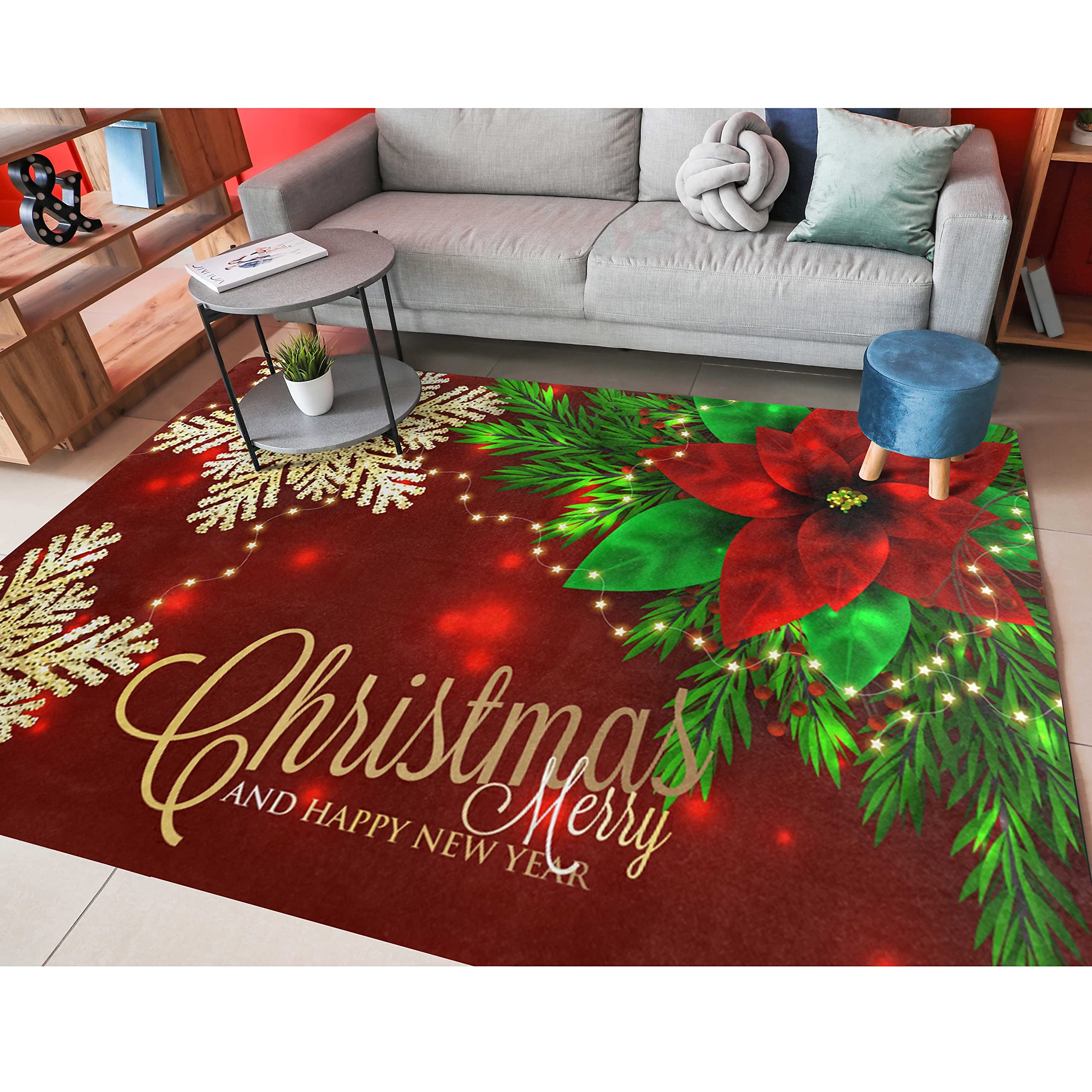 ALAZA Christmas Poinsettia Snowflakes Flower Non Slip Area Rug 5' x 7' for Living Dinning Room Bedroom Kitchen Hallway Office Modern Home Decorative