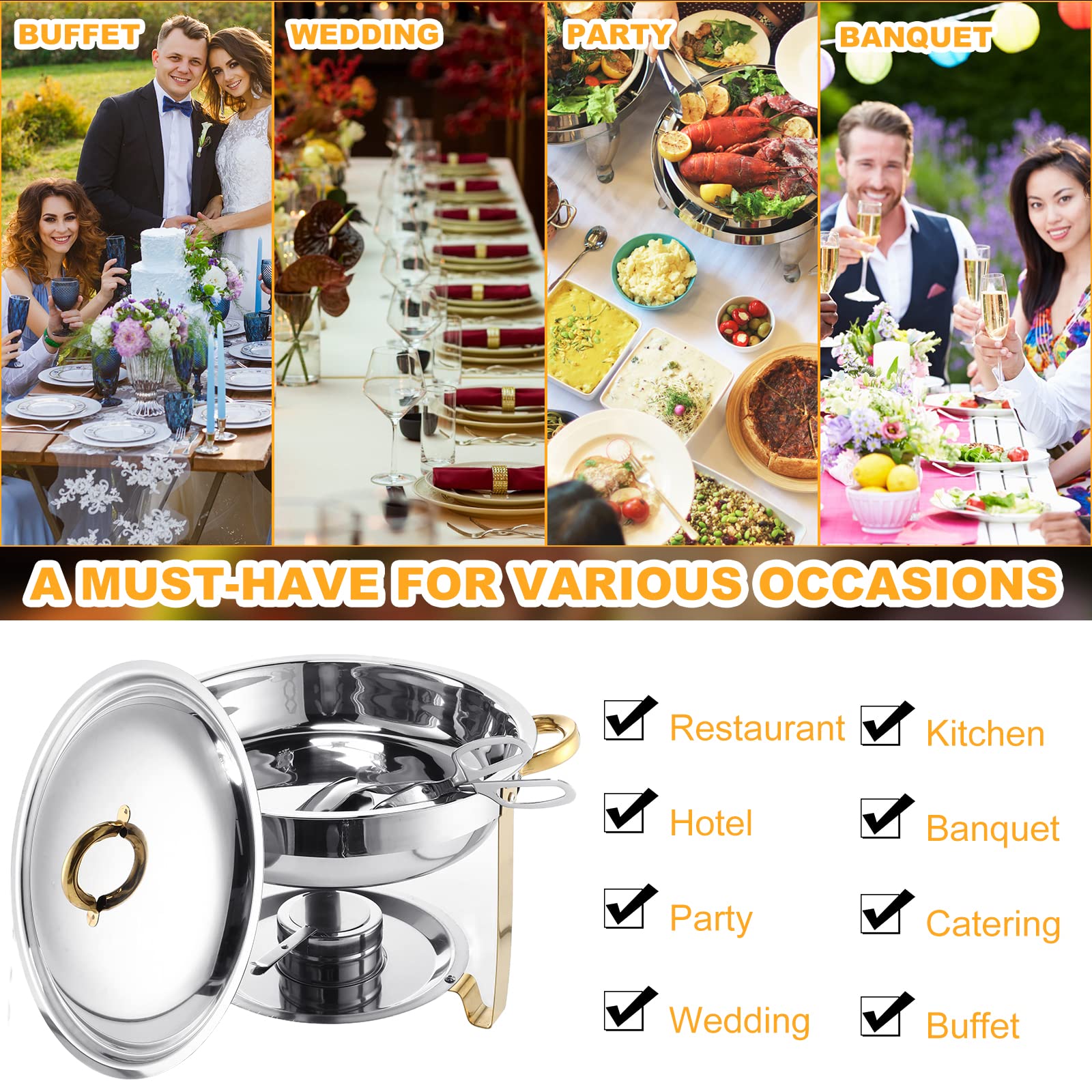 6 Pcs Chafing Dish Buffet Set with 6 Tongs, Stainless Steel Food Warmer Set, 3.7 Qt Round Buffet Server Catering Chafer Warmer with Lid for Birthday Wedding Parties, Catering, Banquets, Events