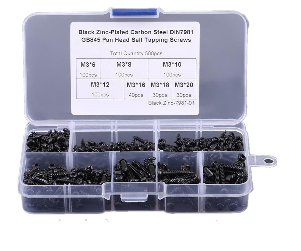 Evwoge 500pcs M3/3MM Diameter Phillips Pan Head Screws Self Tapping Drilling Screws Assortment Kit Carbon Steel 6mm 8mm 10mm 12mm 16mm 18mm 20mm Length