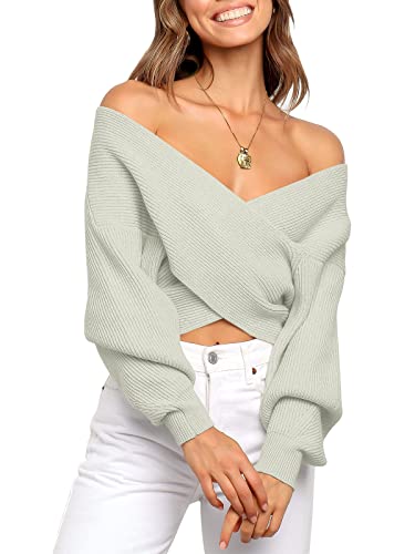 ANRABESS Women’s 2022 Fall Fashion Long Sleeve Off Shoulder Crissover V Neck Knit Cropped Sweater Top 641qianhui-S Gray
