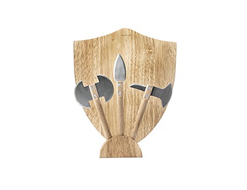 Kikkerland Medieval Wooden Charcuterie Cutlery Cheese Board Knight's Shield Party Serving Tray Set