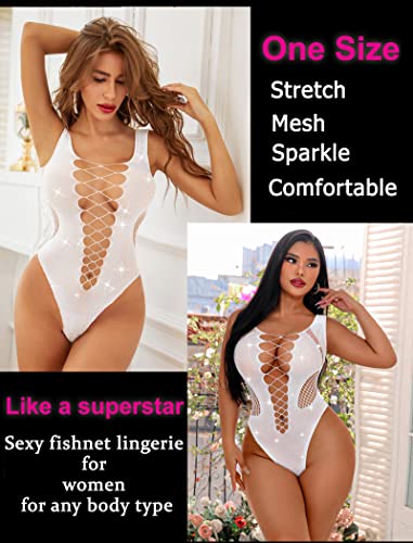 Avidlove White Rhinestone Bodysuit Sparkle Bodysuit Fishnet Lingerie for Women Sexy Mesh Body Suit Teddy Lingerie