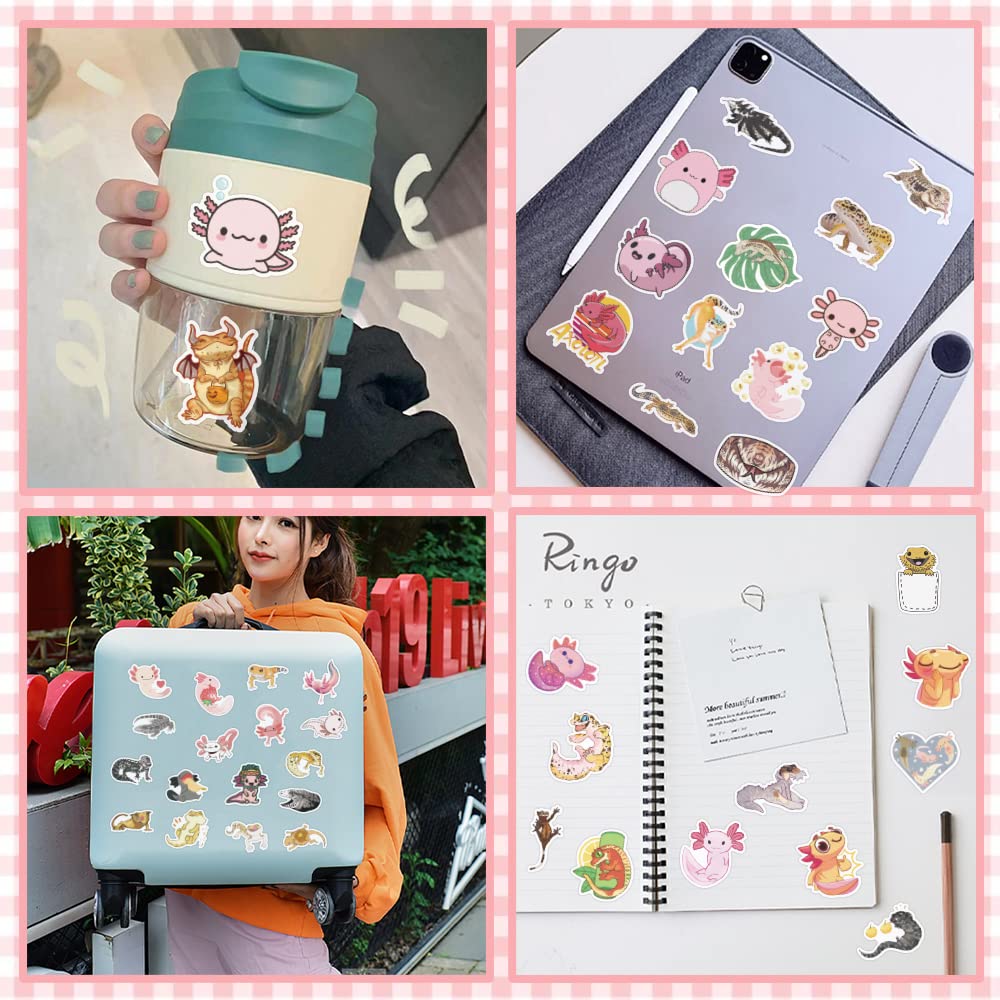 Cute Reptiles Stickers, 52Pcs Vinyl Waterproof Axolotl Stickers, Gifts for Kids, Women,Teens Classmate Colleagues,Adults