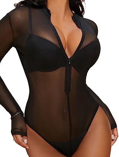 Avidlove Women Long Sleeves Bodysuit Top Sexy Mesh Sheer See Through Zipper Leotard with Snap Crotch Black XXL