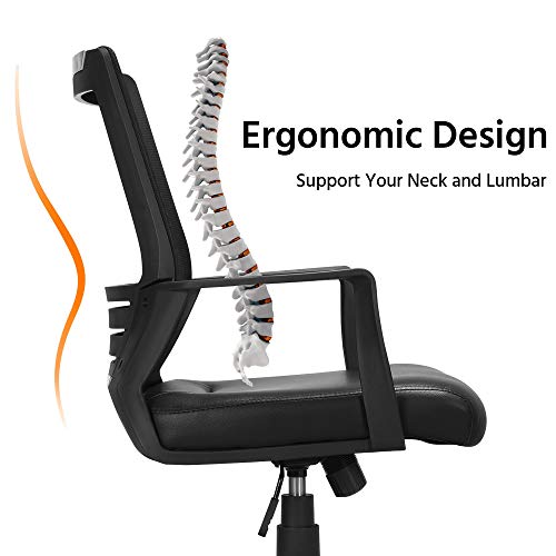 Yaheetech Ergonomic Office Chair Leather Seat and Mesh Back Combine Computer Chair Executive Chair Mid-Back Rolling Swivel Chair w/Lumbar Support and Armrests Adjustable Height for Office,Black