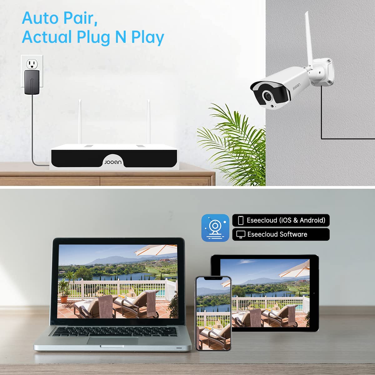 JOOAN 3MP Wireless Security Camera System, 8 Channel Waterproof Security Camera System, 4PCS Night Vision Security Cameras Wireless Outdoor with 1TB HDD, AI Human Detection, Audio Record, Motion Alert