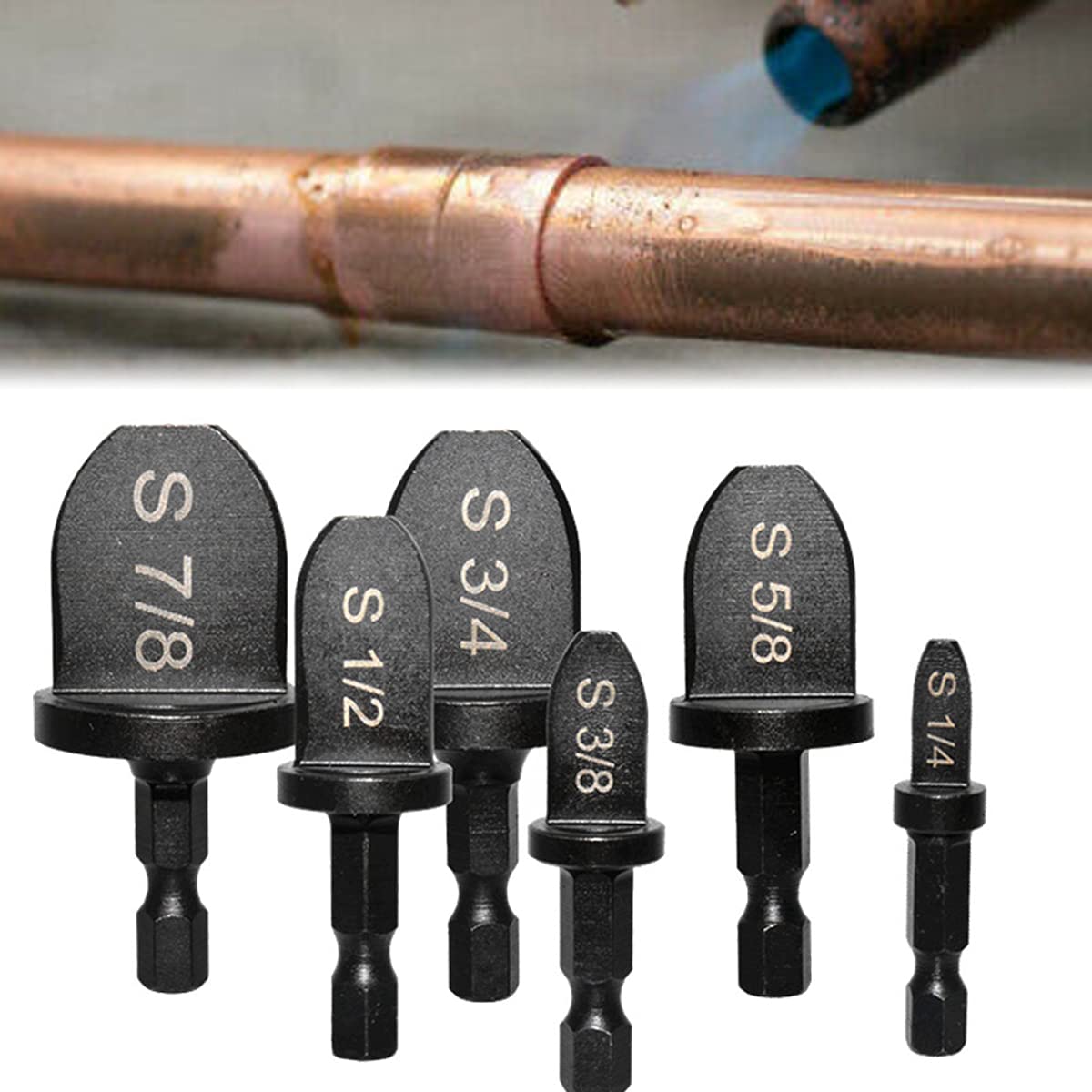 Saipe 6pcs 1/4 Inch Hex Shank Swaging Tool Drill Bit Set Copper Pipe Flaring Tool Air Conditioner Copper Pipe Swaging Flaring Drill Bits Tube Expander (1/4'', 3/8'', 1/2'', 5/8'', 3/4'', 7/8'')
