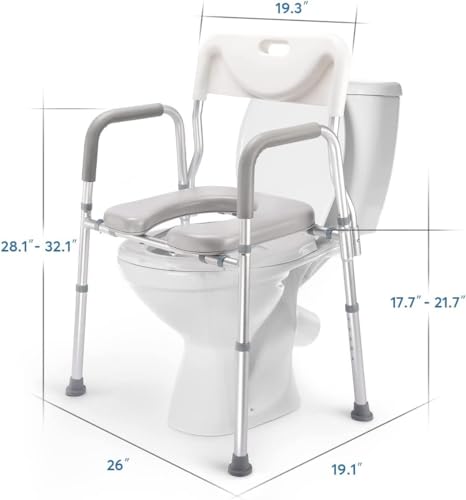 4-in-1 Raised Toilet Seat with Handles and Back, Medical Bedside Commode Chair, Adjustable Toilet Safety Frame, Shower Chair for Seniors, Elderly, Handicap, Pregnant,Collapsible Basin Included