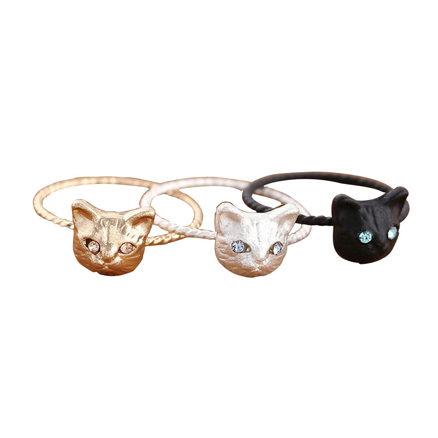 3Pcs Cute Cat rings Black Gold Silver Lovely Kitty Animal Finger Statement rings Cats Lover Gifts (3Pcs Cat Rings, 6.5)