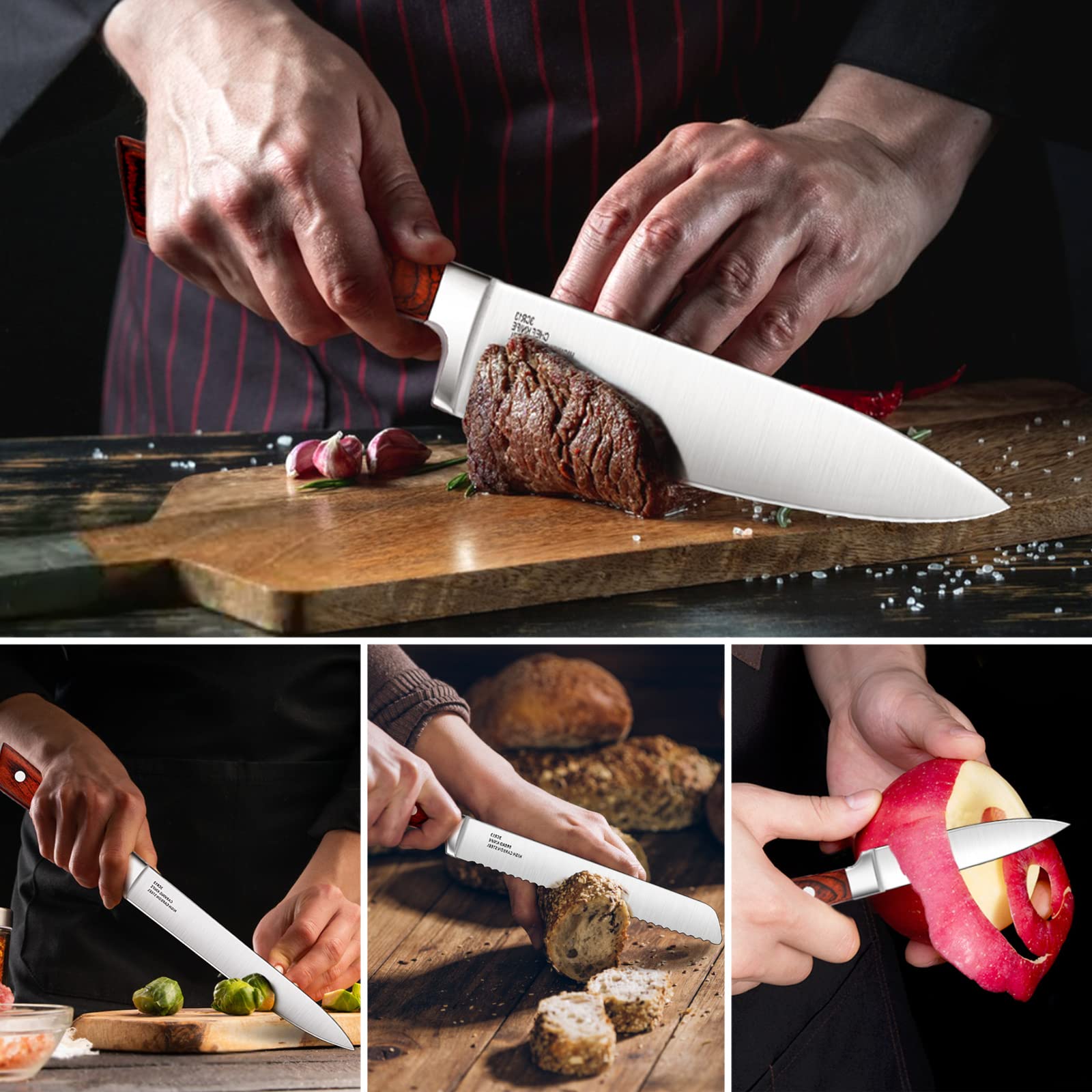 Kitchen Knife Block Set, E-far 17-Piece High Carbon Forged Stainless Steel Knife Sets Includes Chef Utility Paring Steak Serrated Bread Santoku Knife Sharpener - Full Tang Design