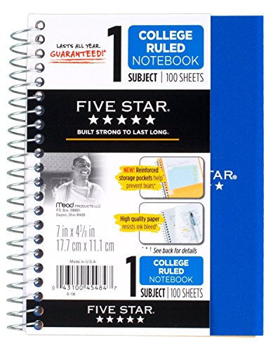 Five Star Personal Spiral Notebook, 7" x 4 3/8", 100 Sheets, College Rule, Assorted colors, 12 Pack