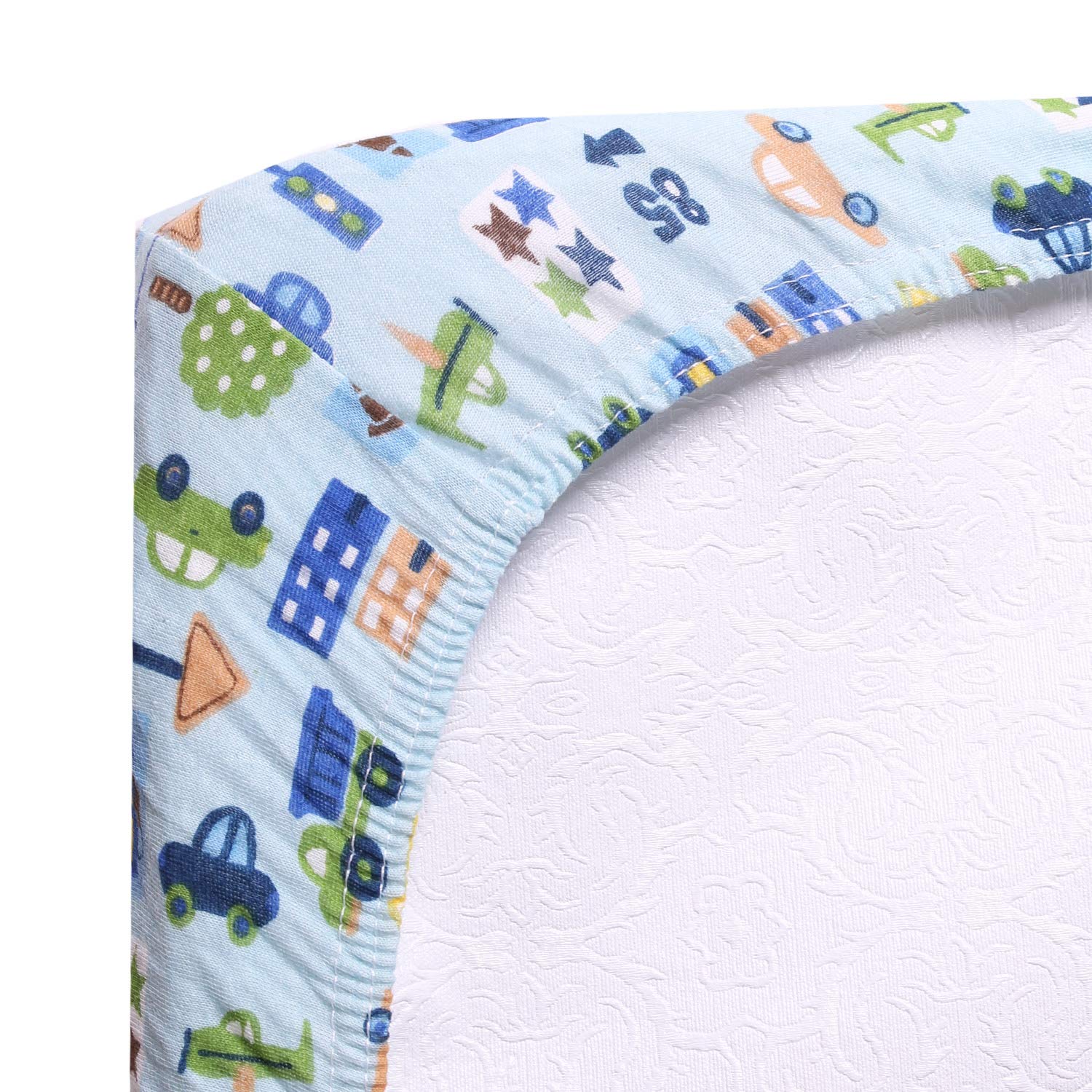 Big Oshi Fitted Mini Crib Sheet - for Portable Cribs or Mini Cribs - Fits Mattresses up to 3 Inches Deep - Knitted, 100% Cotton, Traffic Cars Pattern, Blue (SHT-294)