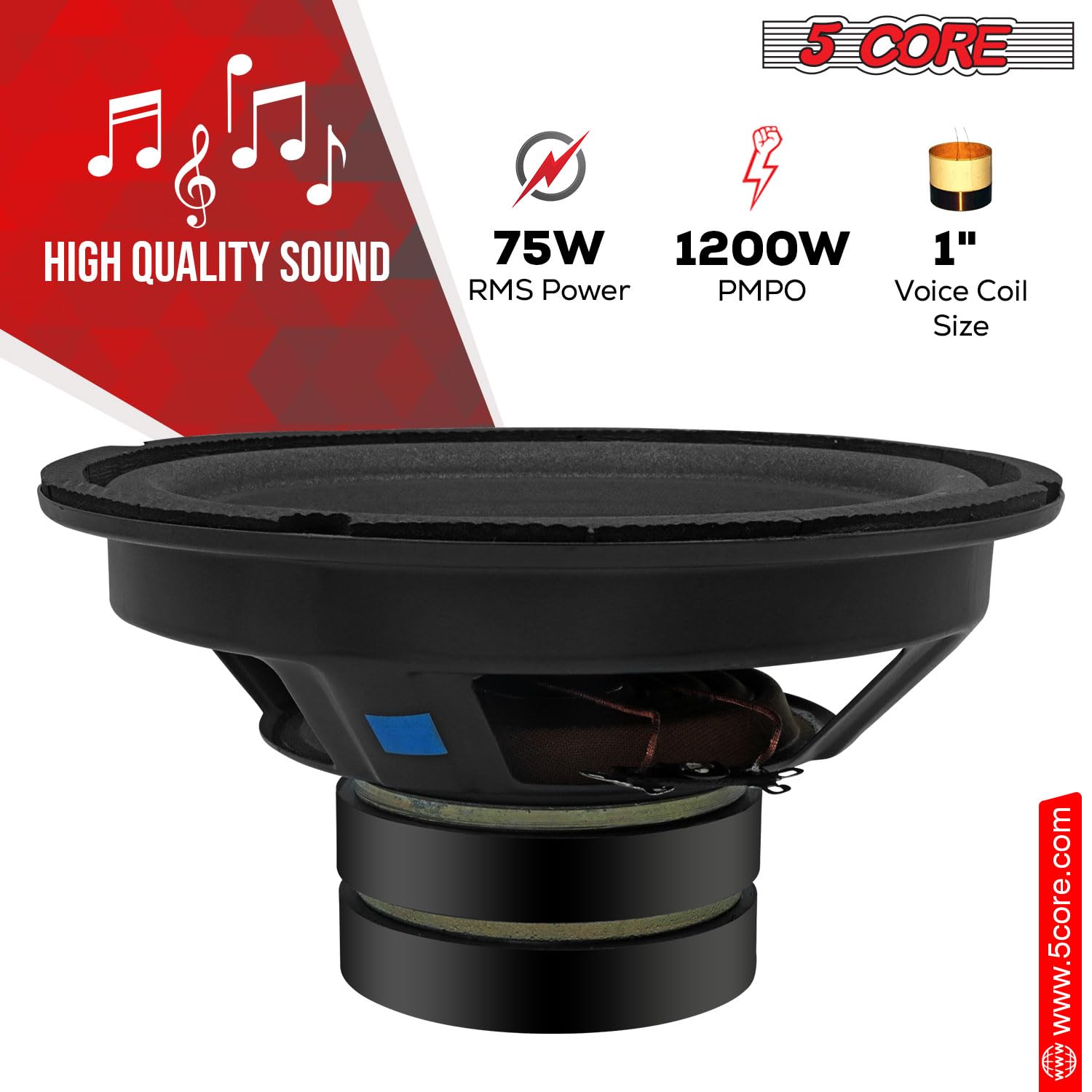 5 Core 10 Inch Subwoofer Speakers • 1200W Peak • 4 Ohm Replacement Car Sub Woofer w Powerful Bass • 1" Voice Coil • Double 13 Oz Magnet WF 1090 DBL