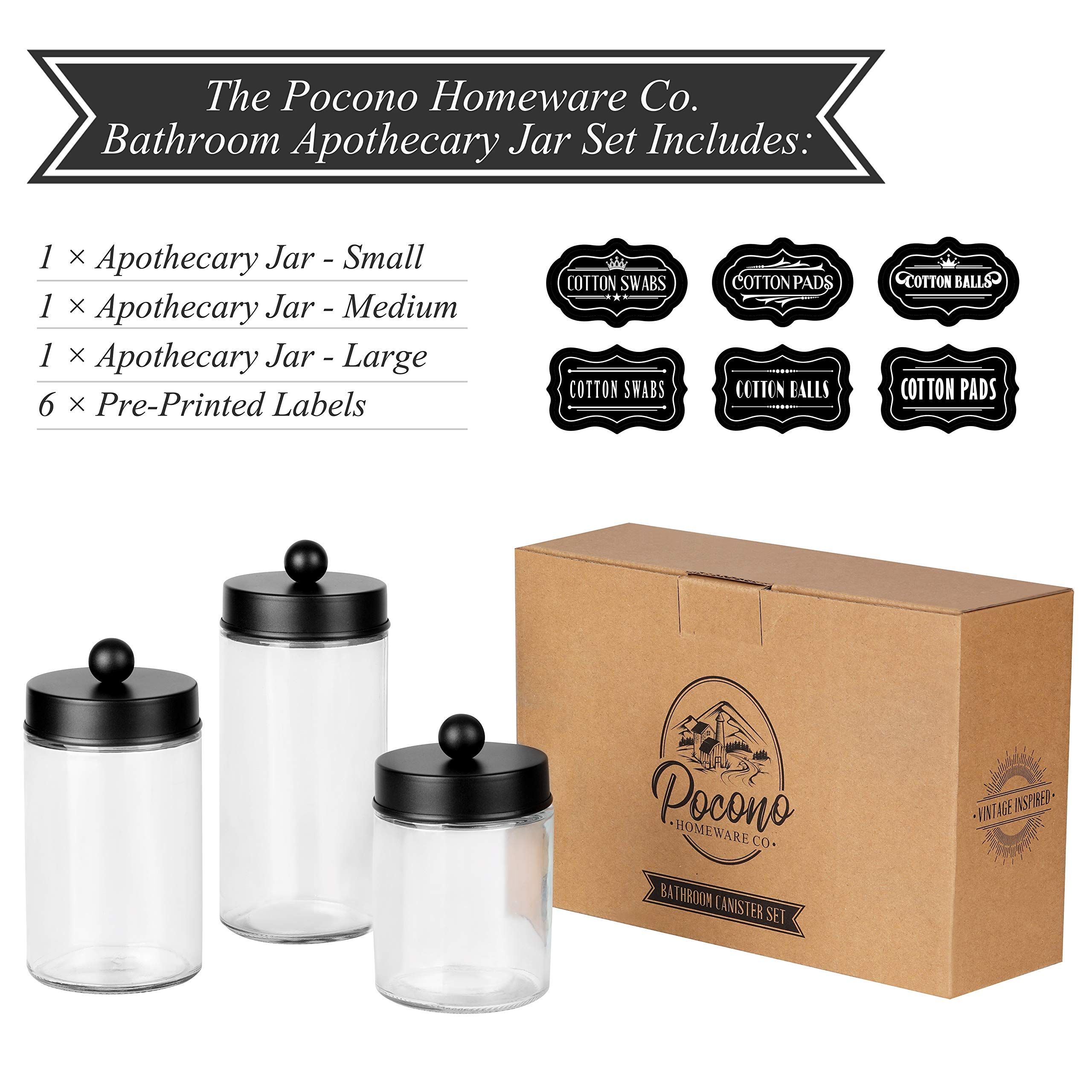 Apothecary Jars 3 Pack - Glass Bathroom Containers with Stainless Steel Lids - Rustic Farmhouse Decor Bathroom Accessories, Vanity Organizer Apothecary Jars for Qtip/Cotton Balls (Matte Black)