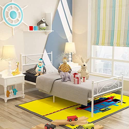 GIME Twin Bed Frames with headboard for Girls Boys Adults Teenagers, Twin Size Bed Frame Single Platform Beds with Storage for Student, Easy Assembly, No Box Spring Needed, White