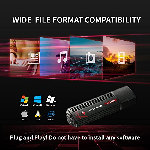TCELL 4K Fire 128GB USB 3.2 Flash Drive 400MB/s Above,UASP Supported, high Speed Solid State Flash Drive Thumb Drive Memory Stick for Designer Gamer Tesla dashcam Sentry Mode