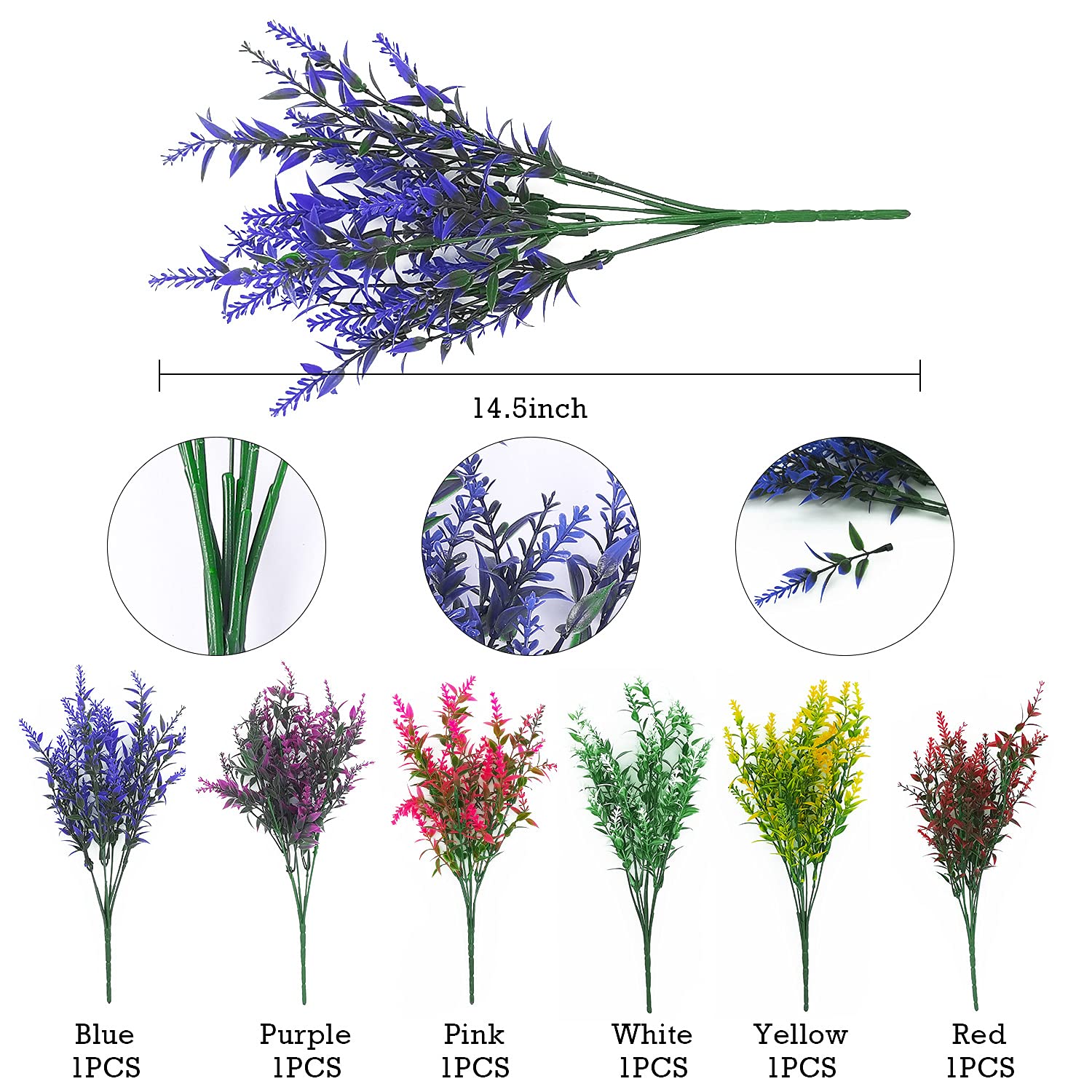 AOUCKSX Artificial Lavender Flowers 6 Bundles Outdoor UV Resistant Faux Plastic Plants Artificial Greenery Lavender for Home Garden Wedding Indoor Porch Box Table Centerpiece Decorations