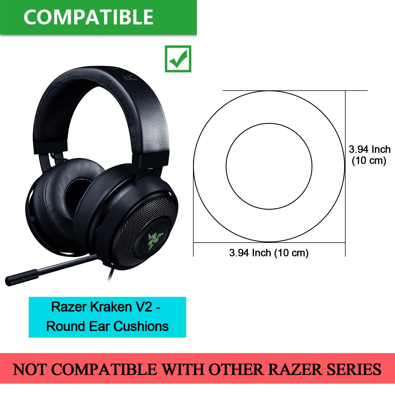 Kraken V2 Earpads, JARMOR Replacement Memory Foam Ear Cushion Kit Pad Cover for Razer Kraken V2 Headphone ONLY – Round (Black)
