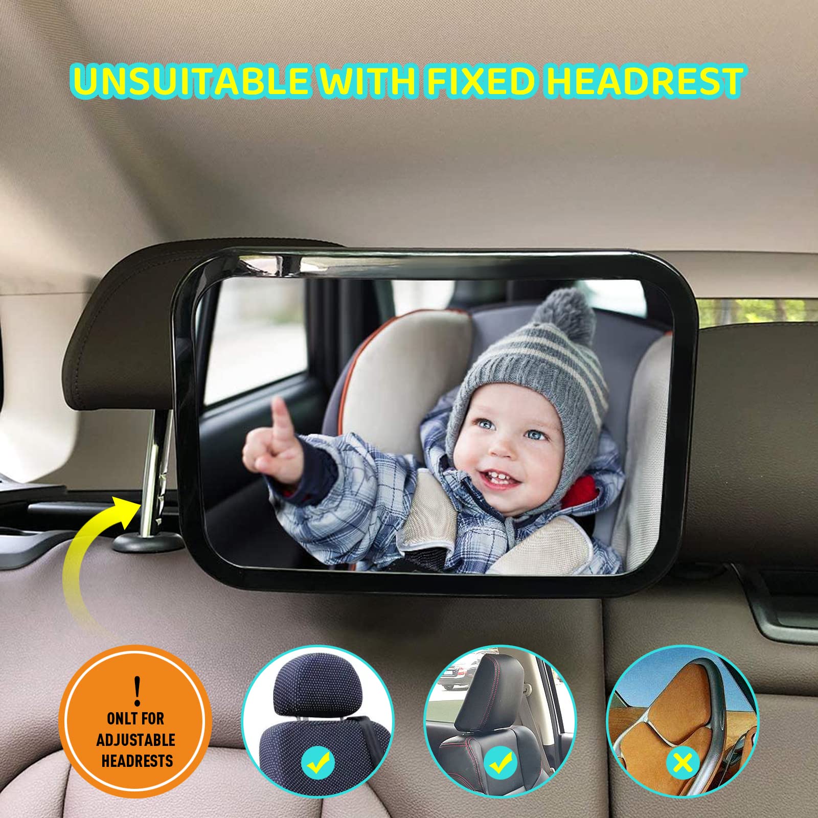 KINSEI Baby Car Mirror Safety Car Seat Mirror for Rear Facing Infant with Wide Crystal Clear View Shatterproof Fully Assembled Newborn Safety with Secure Headrest Clamp Holder
