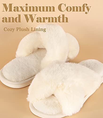 Ankis Women White Fuzzy Fluffy Slippers Soft Cozy Plush Memory Foam Open Toe Slippers for Bedroom, Comfy Cross Band Slippers for Womens House Indoor Size 5 6