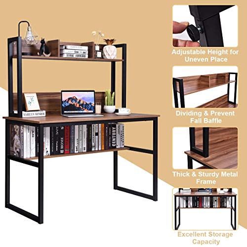 Tangkula Computer Desk with Hutch, Home Office Desk Study Writing Desk with Storage Bookshelves, Space Saving Computer Workstation for Home Office (Light Walnut)