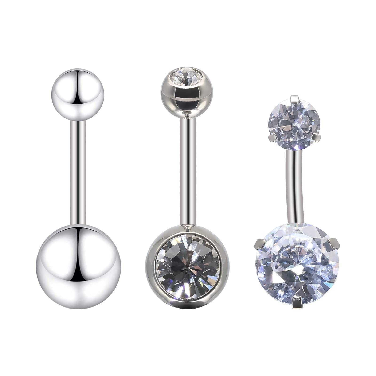 3Pcs G23 Titanium Belly Rings 14G Internally Threaded Belly Button Rings Round Cubic Zirconia CZ Opal Stone Navel Barbell Rings Stud Body Piercing Jewelry