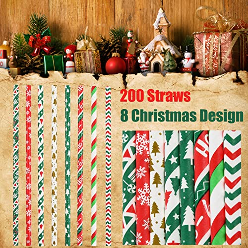 ALINK 200 Christmas Paper Straws, 8 Styles Red Green White Gold Biodegradable Party Drinking Straws with Stripe, Wave, Christmas Tree Snowflake Design Decorations Supplies