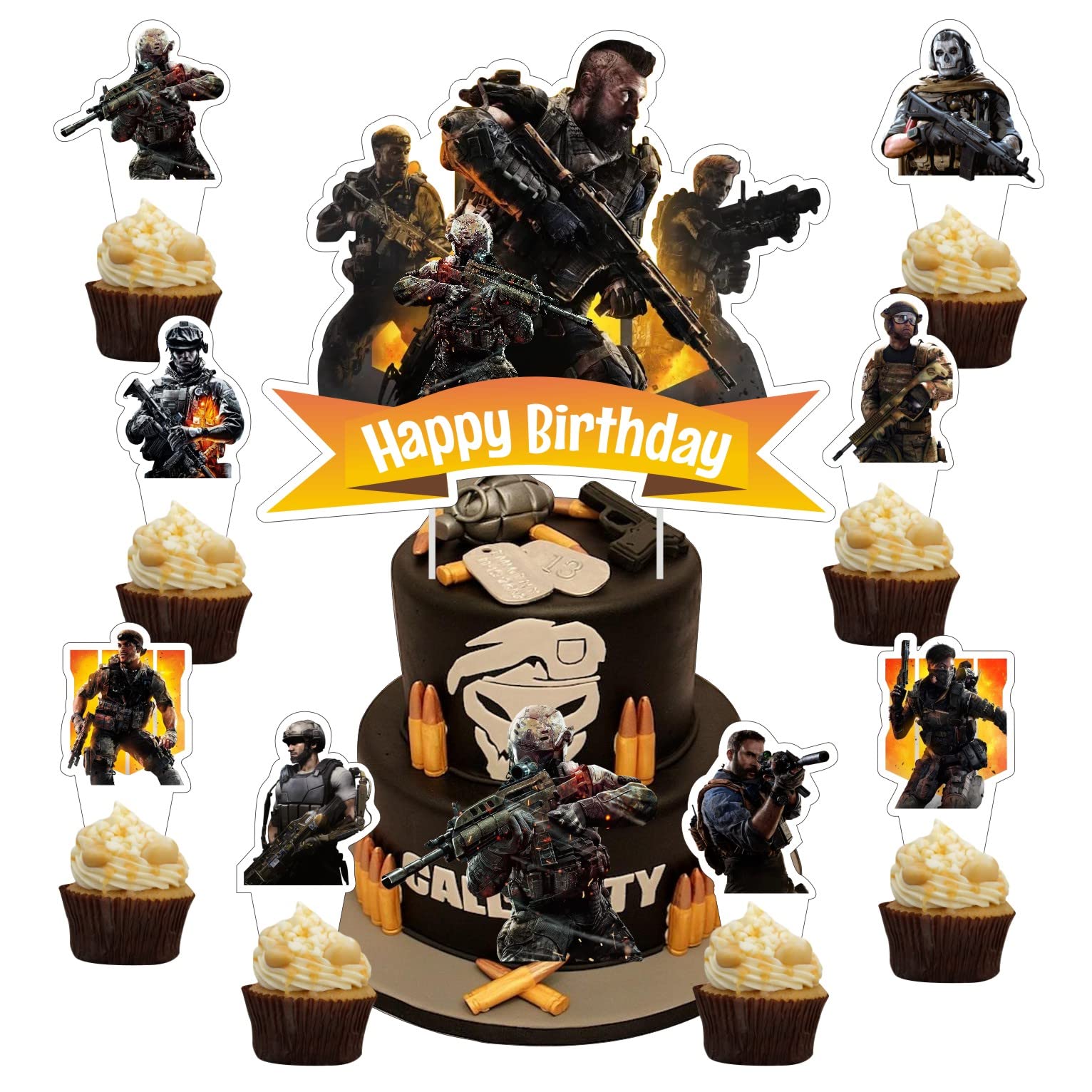 25pcs Game Call Birthday Cake Decorations with 1pcs Cake Topper, 24pcs Duty Cupcake Toppers for Kids Party Supplies