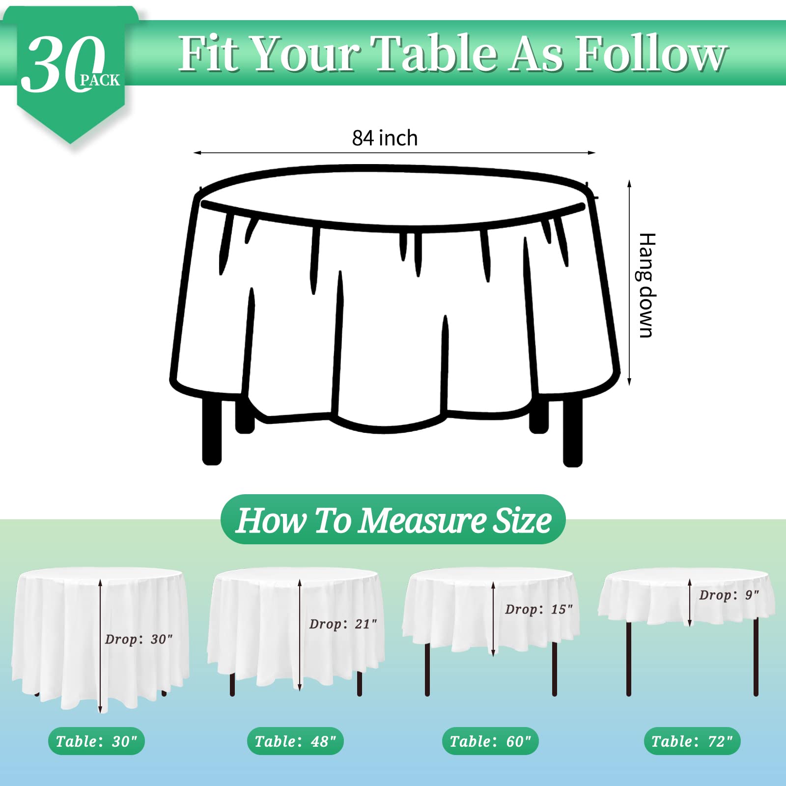 30 Pack Disposable Round Plastic Tablecloth 84 inch White Table Cloth Plastic Table Covers Premium PEVA Water Resistant Disposable Table Cloth for Banquet,Picnic,BBQ,Banquet,Wedding,Party,Dinner