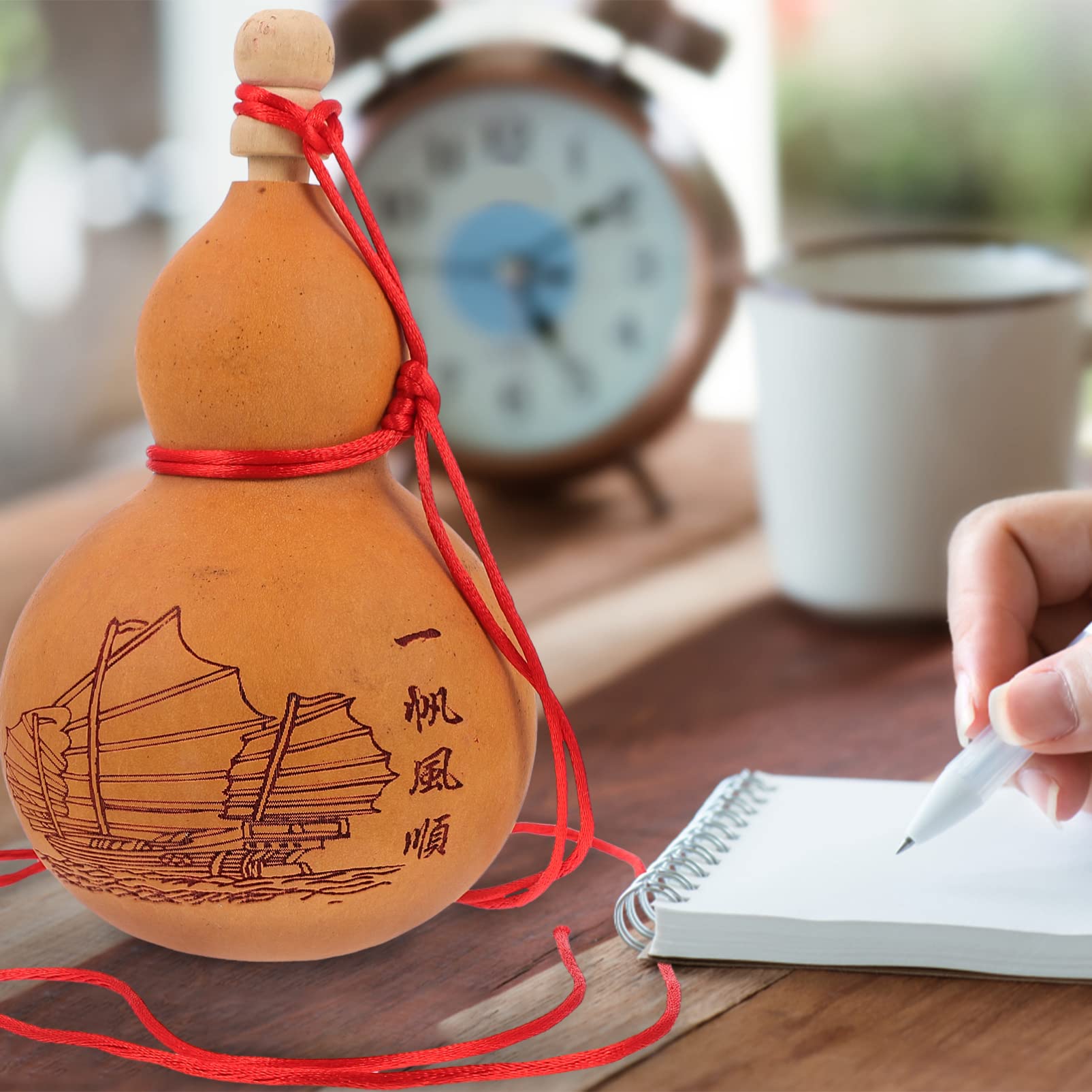 Angoily Gourd Wine Flask Bottle Chinese Wu Lou Wine Bottle with Stopper Wooden Chinese Feng Shui Hu Lu Gourd Ornament for Home Kitchen (Khaki)