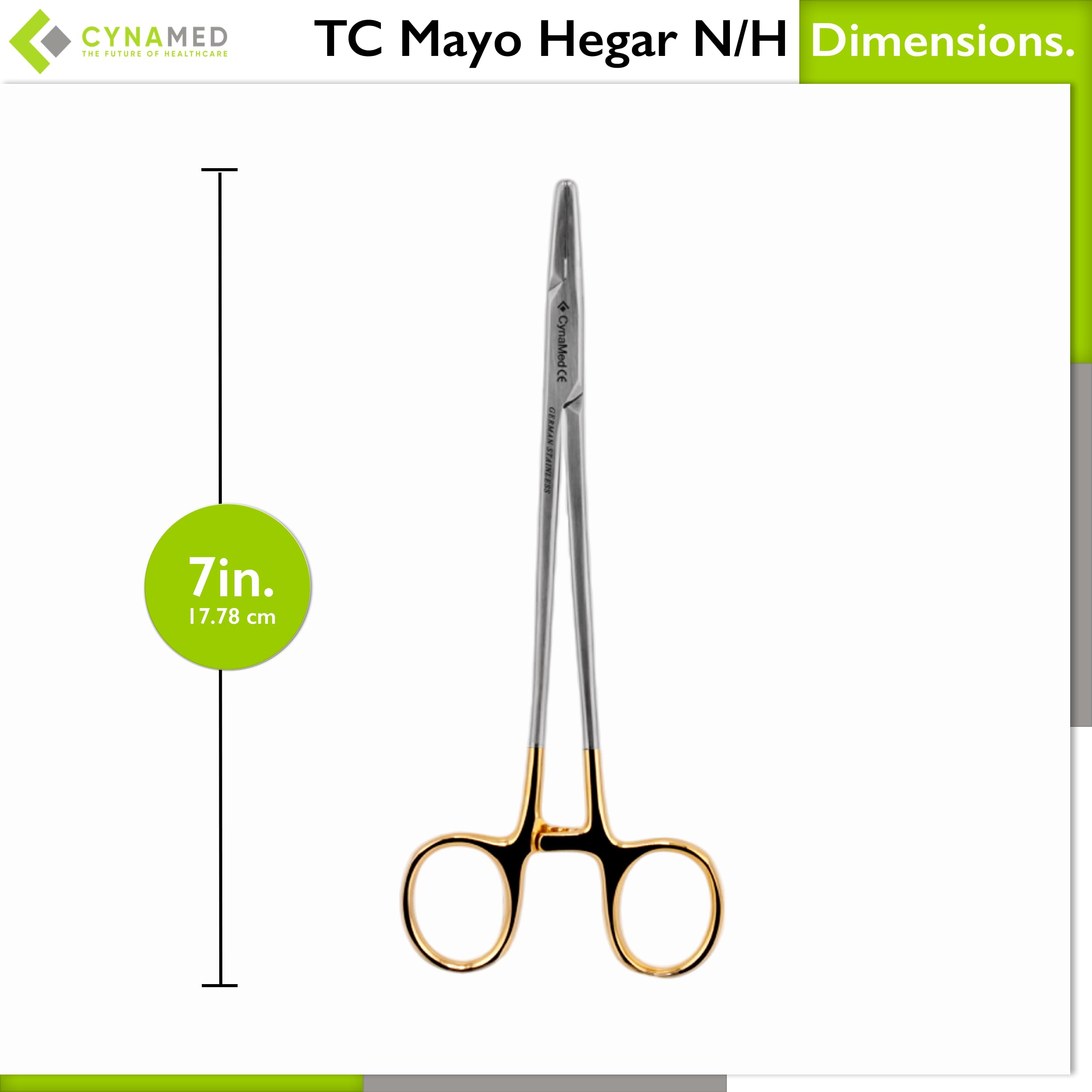 Cynamed TC Mayo Hegar Needle/Suture Holder Driver with Tungsten Carbide Inserts and Gold Rings - Premium Grade Instrument (7 in.)