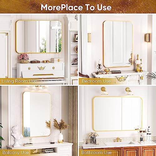 Antok Rounded Bathroom Mirror, 20" x 28" Rectangular Wall Mirror, Aluminum Alloy Frame Contemporary Hanging Mirror for Living Room Bedroom Bathroom Entryway, Gold