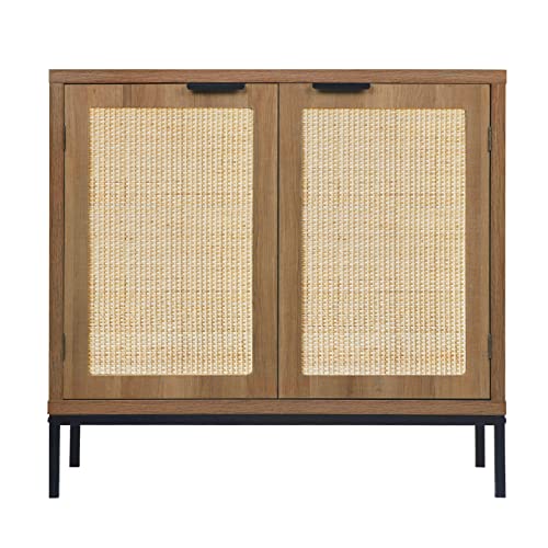 Anmytek Rustic Oak Accent Storage Cabinet with 2 Rattan Doors, Mid Century Natural Wood Sideboard Furniture for Living Room H0045