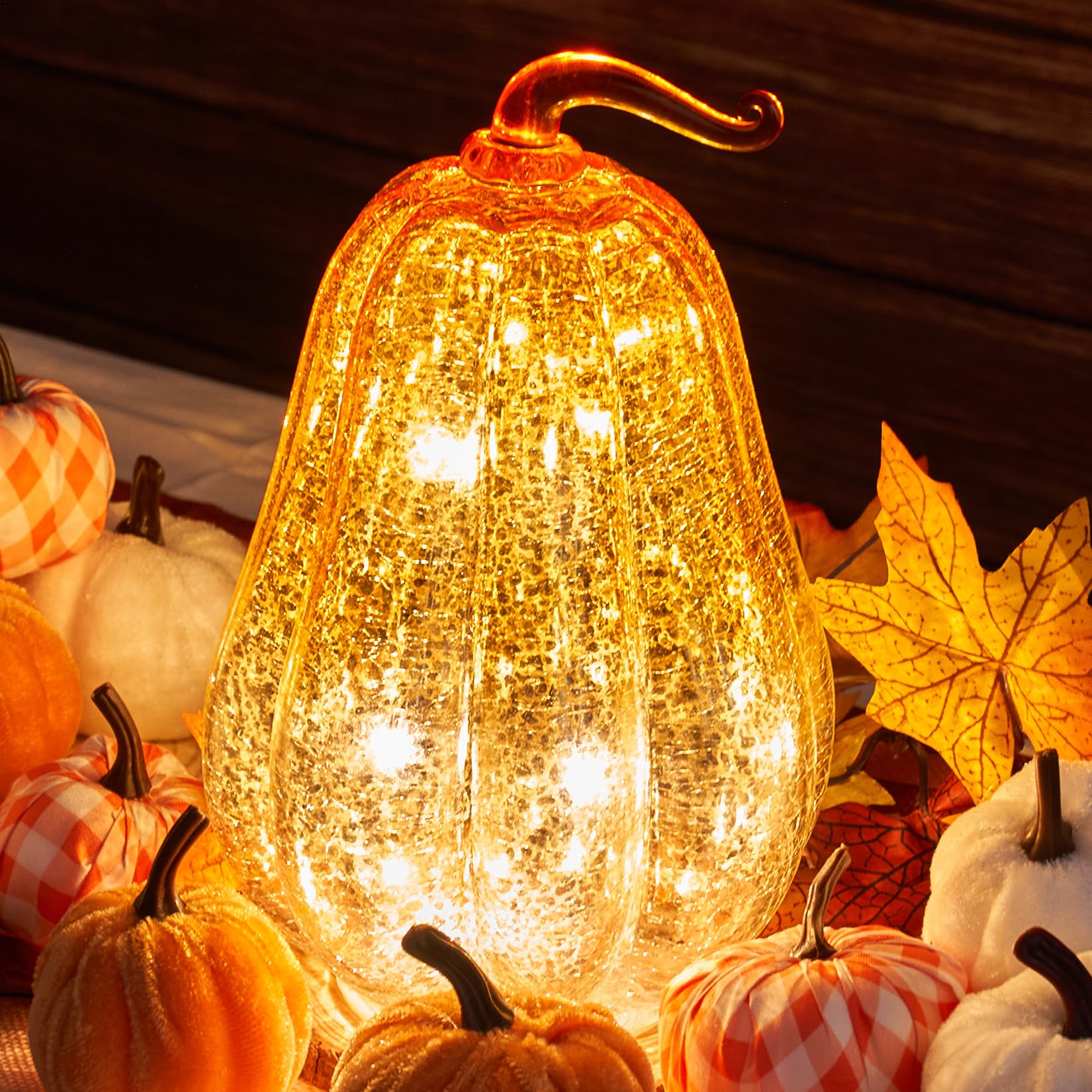 Lamris Pumpkin Decor Mercury Glass Pumpkin Lights Cracked 8 Inches Fall Table Centerpiece Farmhouse Autumn Home Thanksgiving Decorations