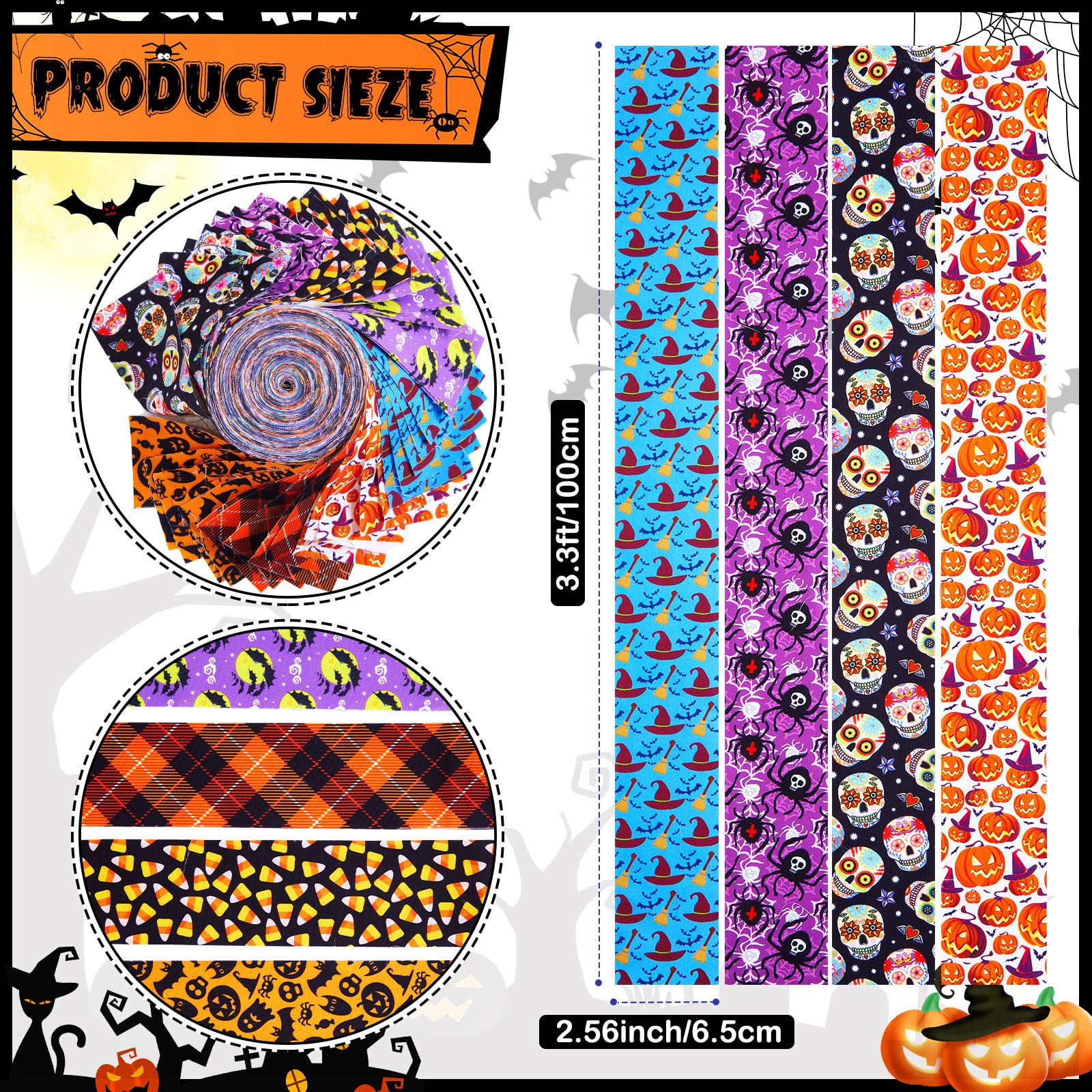 40 Pieces Halloween Jelly Roll Fabric 2.6 x 40" Pumpkin Ghost Pattern Pre-Cut Fabric Quilting Strips Roll up Patchwork Cotton Fabric for Halloween DIY Sewing Handmade, 8 Styles