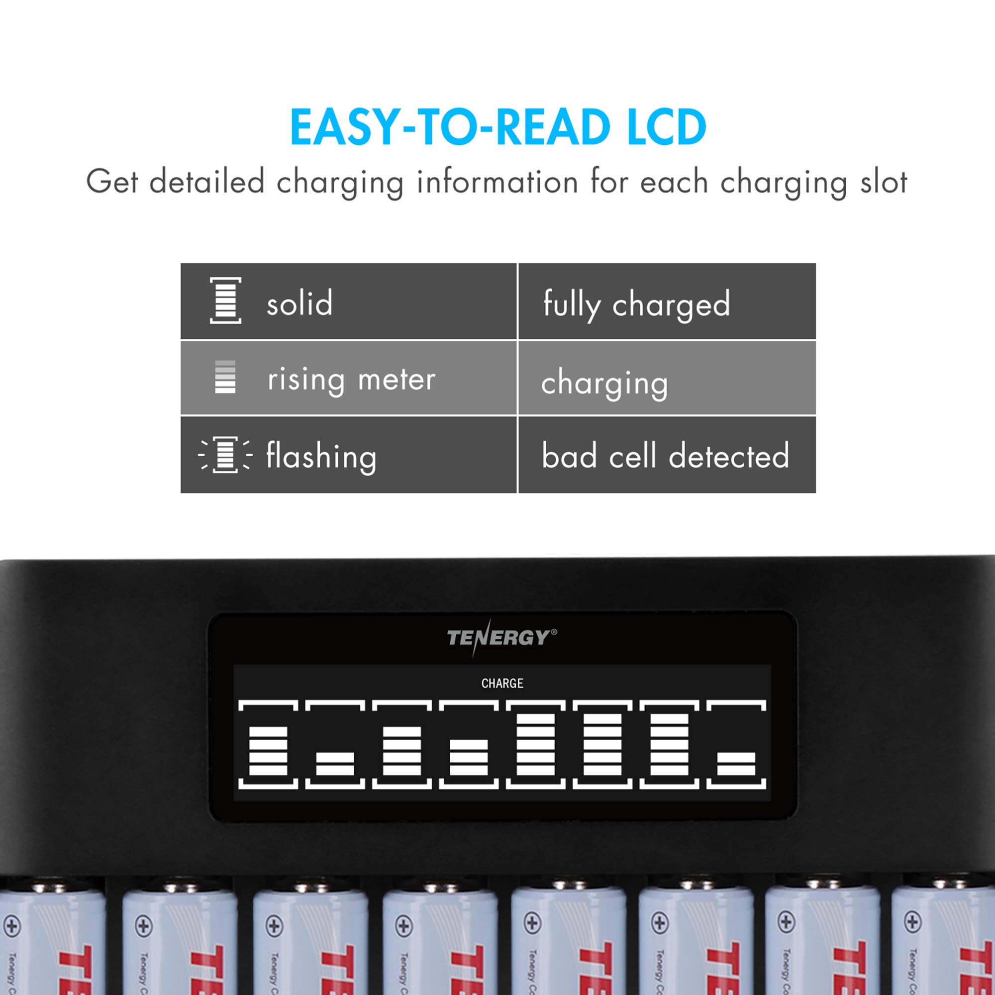Tenergy TN480U 8-Bay LCD Display Fast Charger for NiMH/NiCD AA AAA Rechargeable Batteries with Mirco USB and USB Type C Input for AA and AAA Rechargeable Batteries