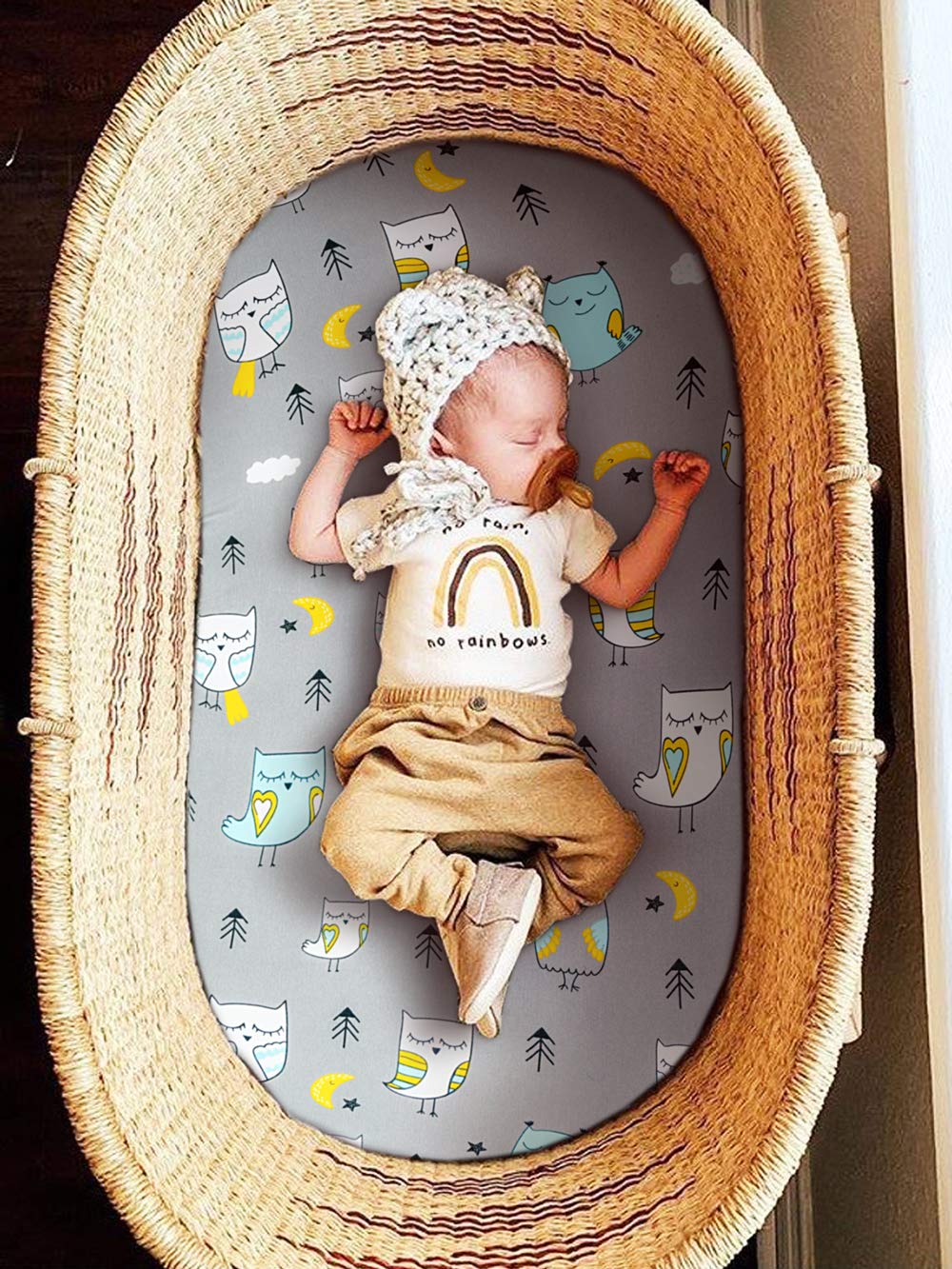 Stretchy Bassinet Sheet Set BROLEX 2 Pack Snug Fitted Cradle Fitted Sheets for Bassinet Pads/Mattress, for Boys Girls,Unisex,Ultra Soft Breathable,Owl Bear