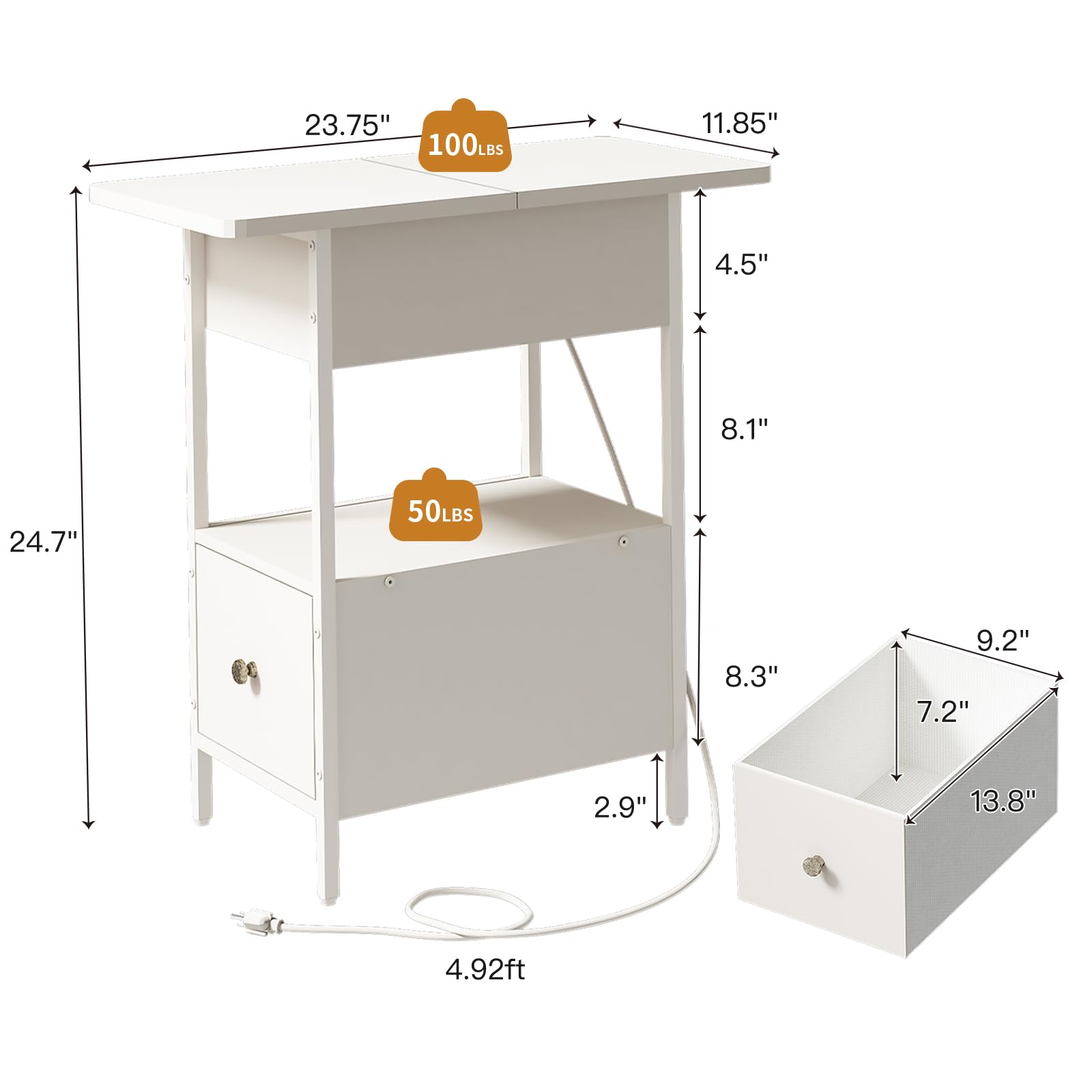 SOOWERY End Table with Charging Station, Narrow Side Table with Flip Top Cabinet and Fabric Drawer, Nightstand Bedside Tables for Small Spaces, Bedroom, Living Room, White