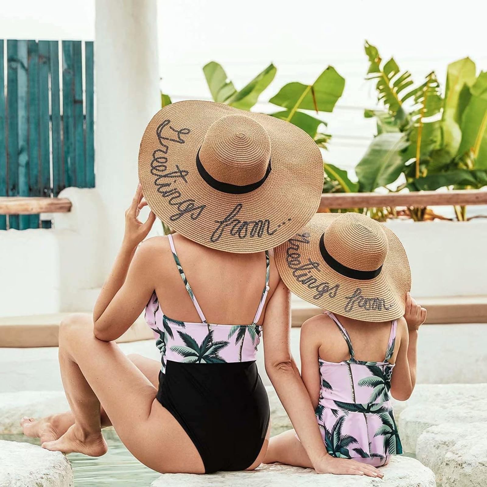 IFFEI Mommy and Me Swimsuits One Piece Monokini Bathing Suits Coconut Tree Printed V Neck Family Matching Swimwear Pink Men: M