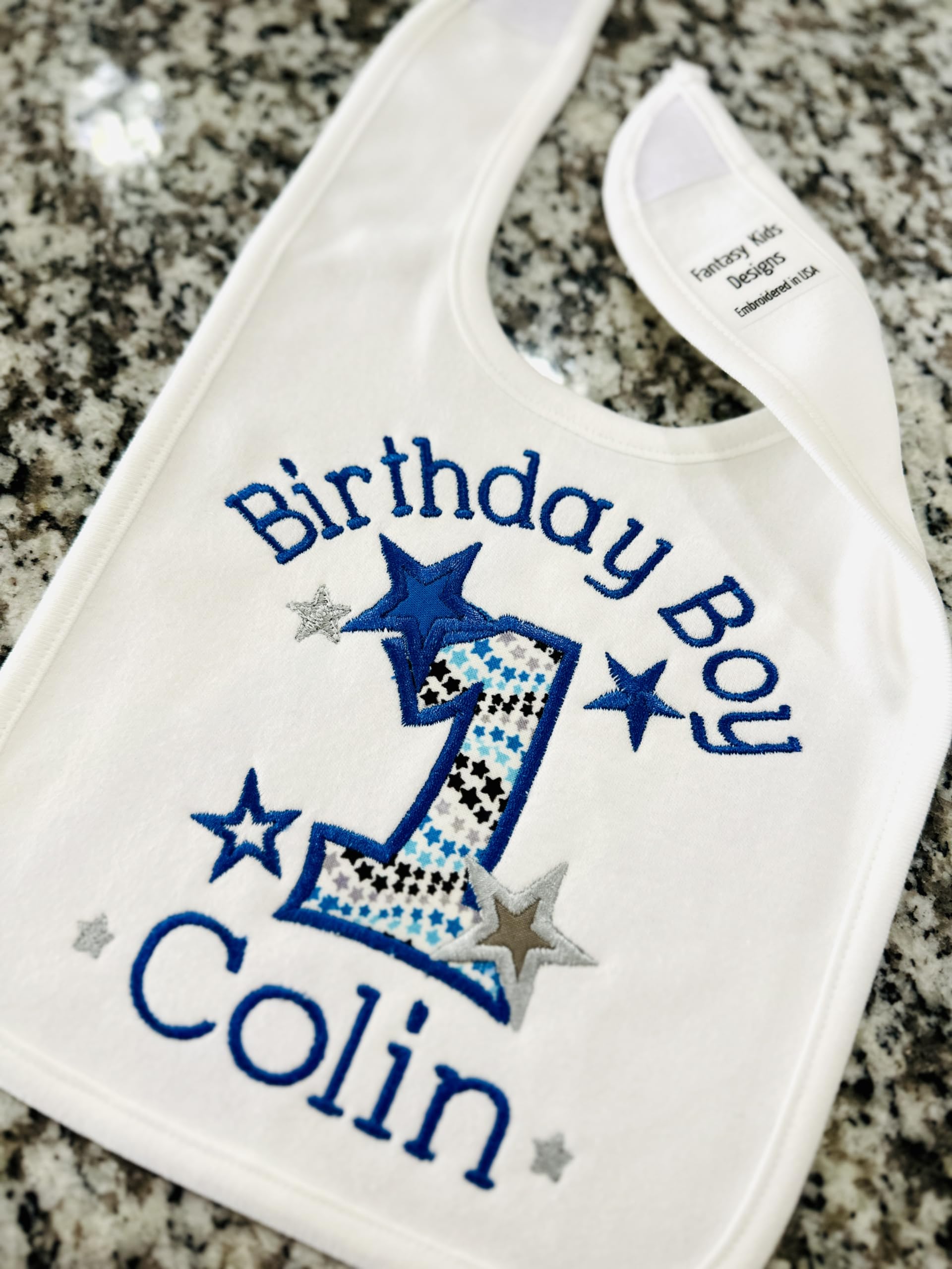 Fantasy Kids Designs First Birthday Boy Bib Smash Bib for Baby Boy Personalized with Custom Name (White Bib/Royal Blue)