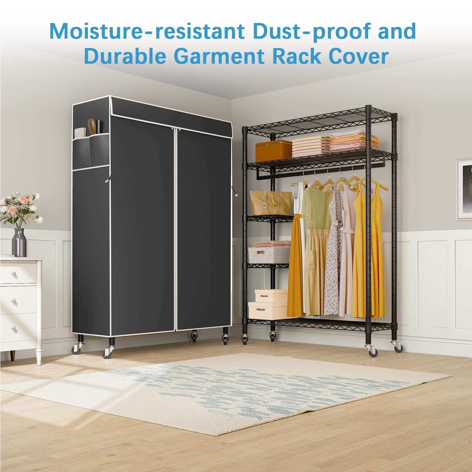 VIPEK V11C Portable Closet Rolling Clothes Rack 5 Tiers Heavy Duty Adjustable Wire Garment Rack with Lockable Wheels Wardrobe Black Metal Clothing Rack with Black Oxford Fabric Cover, Max Load 452LBS