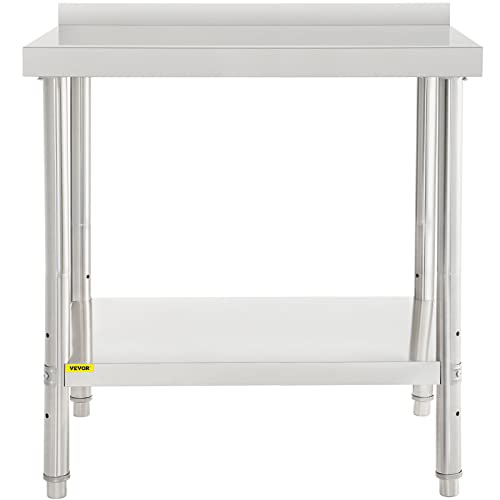 VEVOR Stainless Steel Prep Table, 36 x 24 x 35 Inch, 440lbs Load Capacity Heavy Duty Metal Worktable with Backsplash and Adjustable Undershelf, Commercial Workstation for Kitchen Restaurant